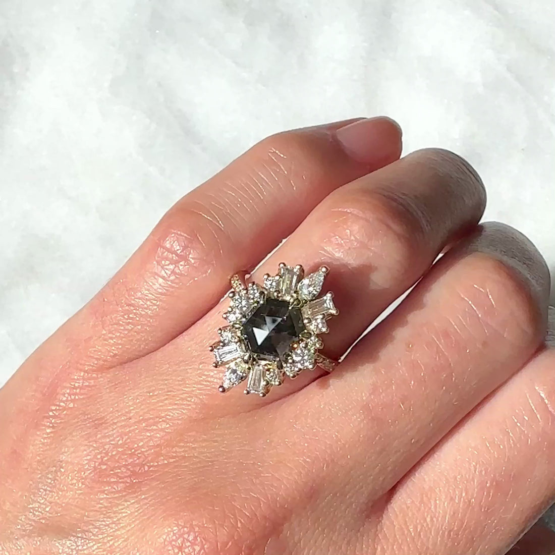 ASTERIA | Hexagon Salt + Pepper Diamond Ring | Kristin Coffin Jewelry