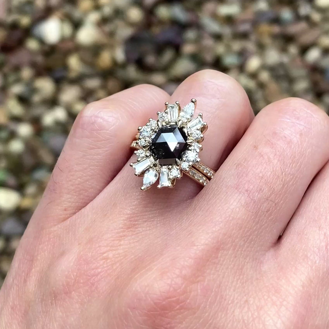 ASTERIA | Hexagon Salt + Pepper Diamond Ring | Kristin Coffin Jewelry